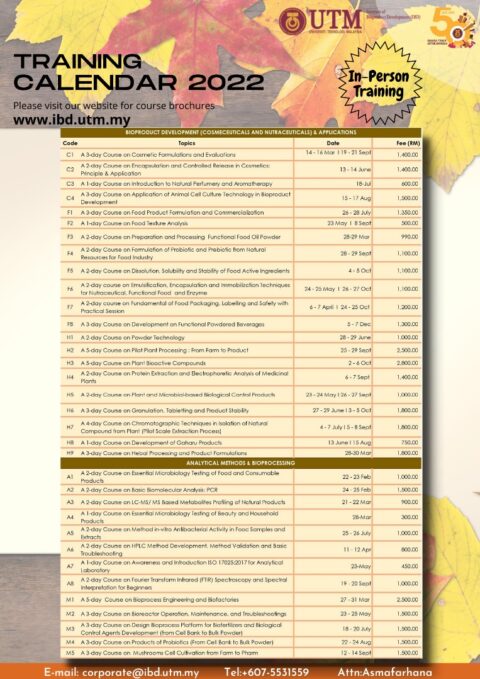 Training Calendar 2022 | Institute Of Bioproduct Development