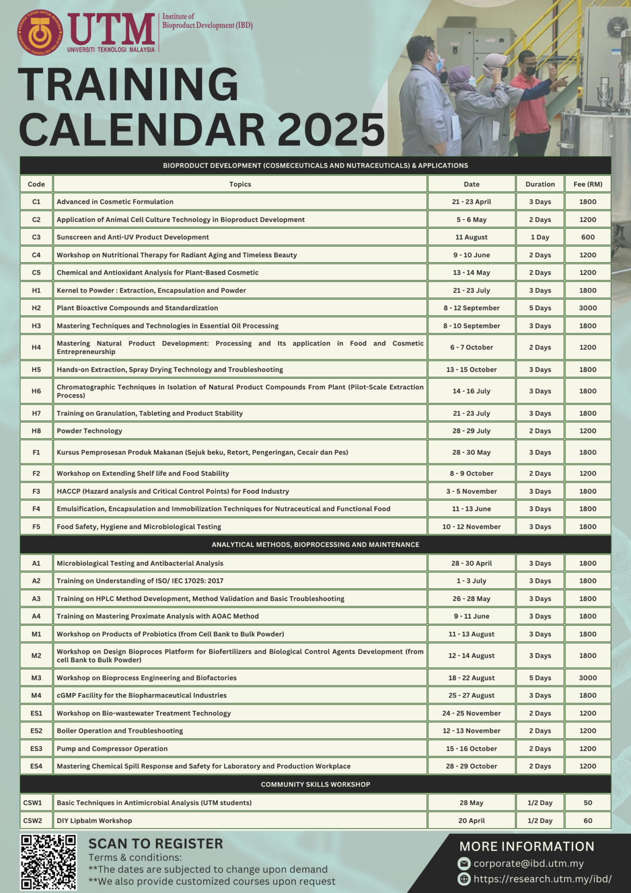 Training Calendar 2025 | Institute Of Bioproduct Development