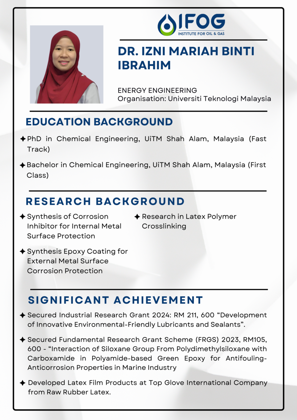 Dr. Izni Mariah | UTM-MPRC Institute for Oil & Gas
